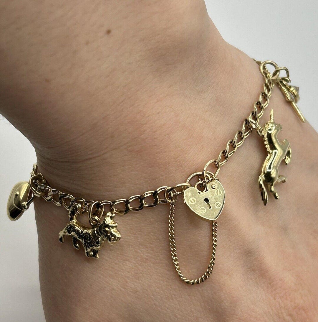 Vintage Kitsch Padlock CZ Charm Chain Bracelet 9ct 9k Yellow Gold - 7 ...