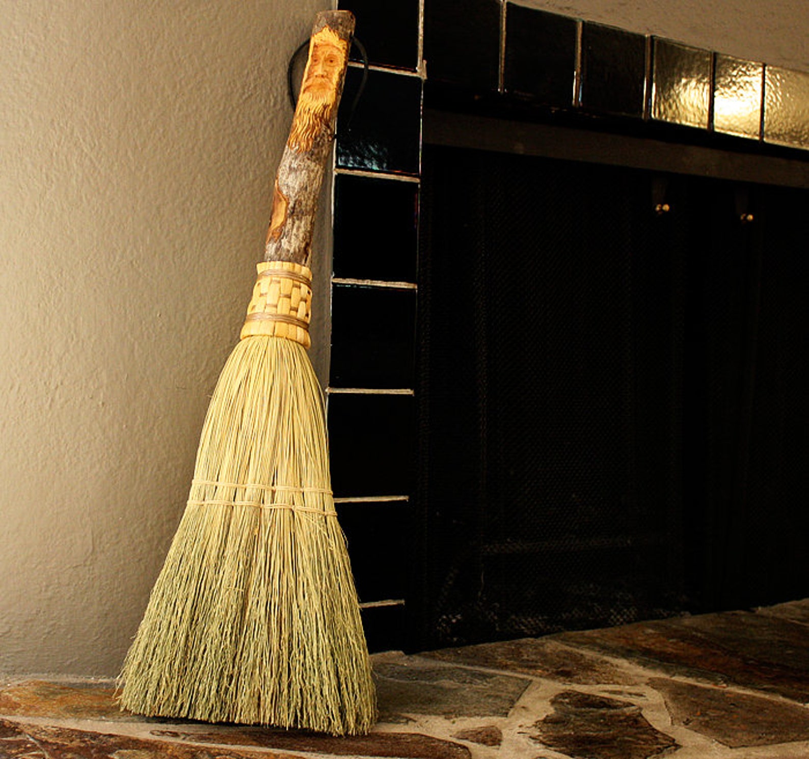 Fireplace Broom with Carving Hearth Broom with Tree Spirit | Etsy