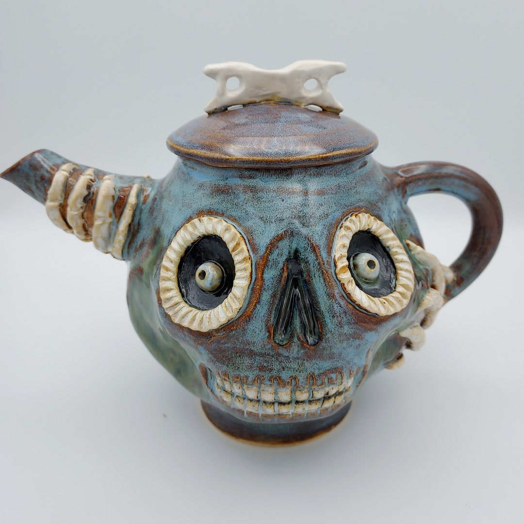 Skull Teapot in Turquoise, White and Brown, Large Sculpted - Etsy
