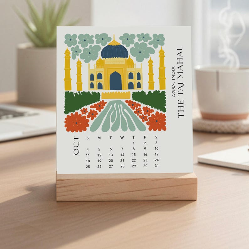 2026 Travel Desk Calendar With Wood Stand | 2026-2027 Monthly Calendar ...