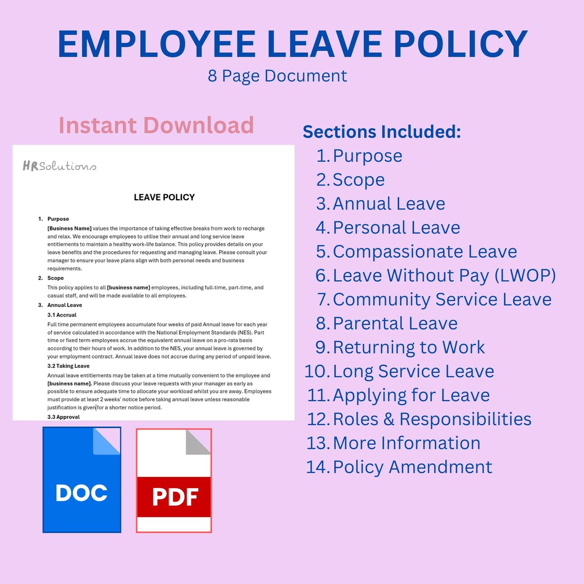 Editable Employee Leave Policy Template | HR Instant Download (small ...