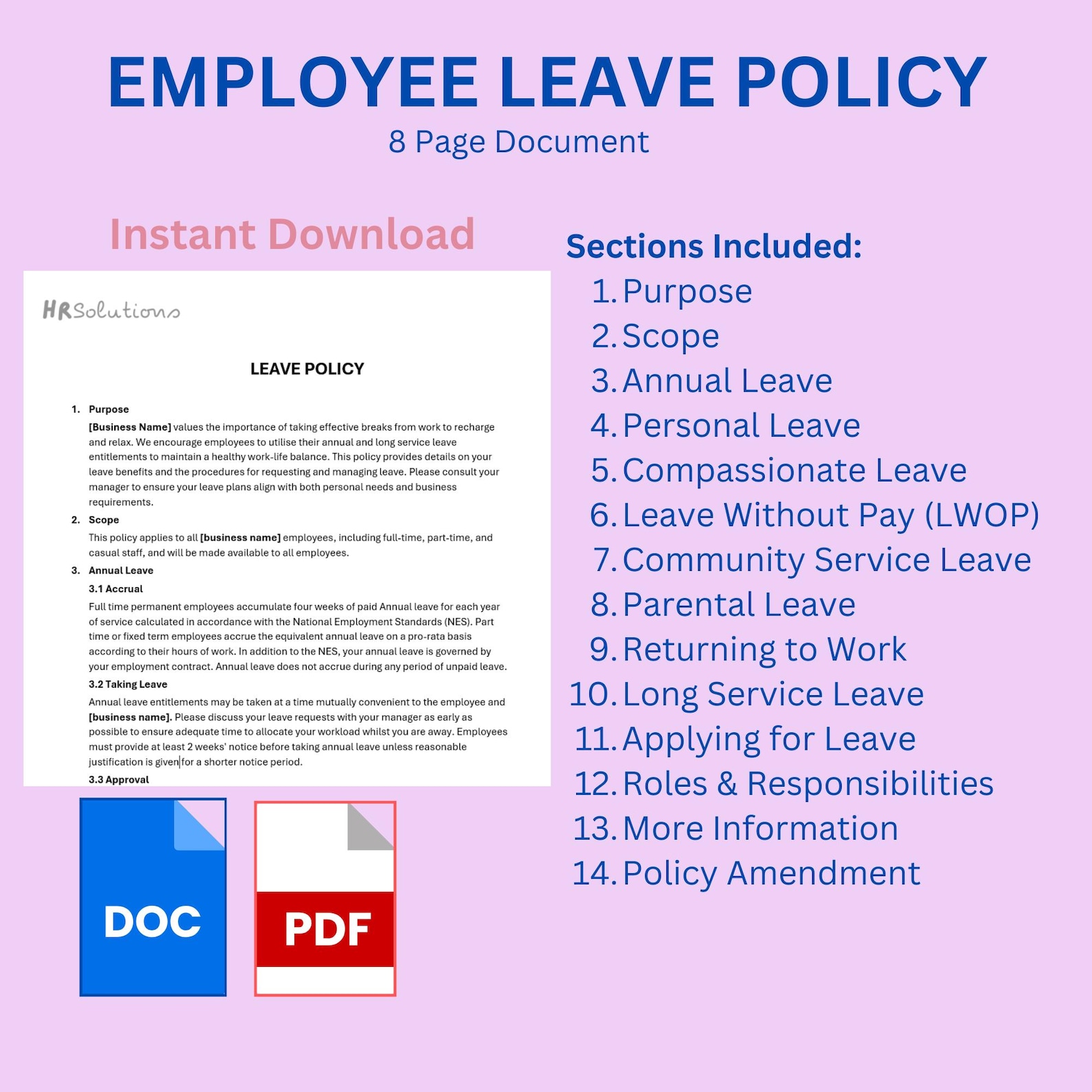 Editable Employee Leave Policy Template | HR Instant Download (small ...