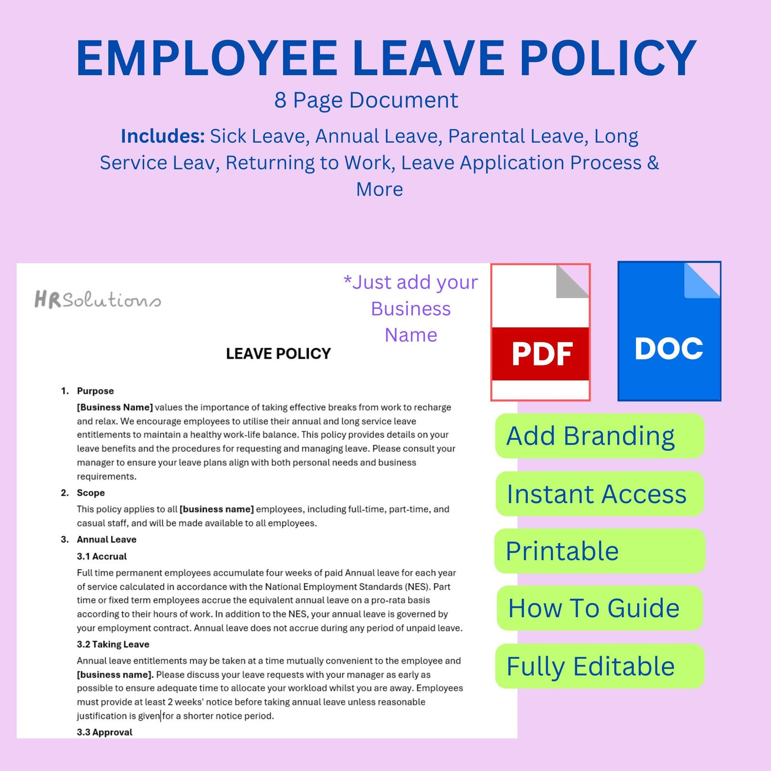 Editable Employee Leave Policy Template | HR Instant Download (small ...
