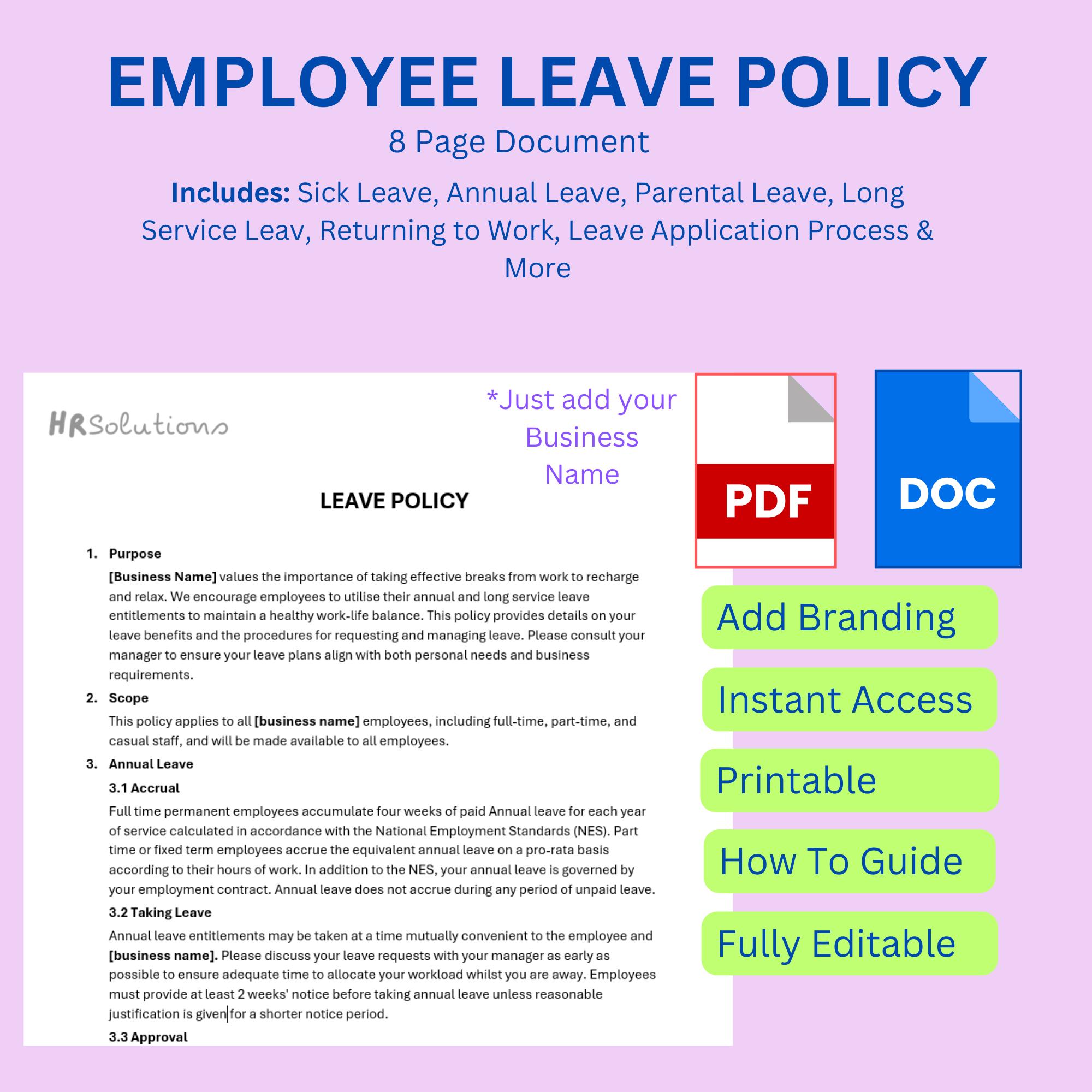 Editable Employee Leave Policy Template | HR Policy for Annual, Sick ...