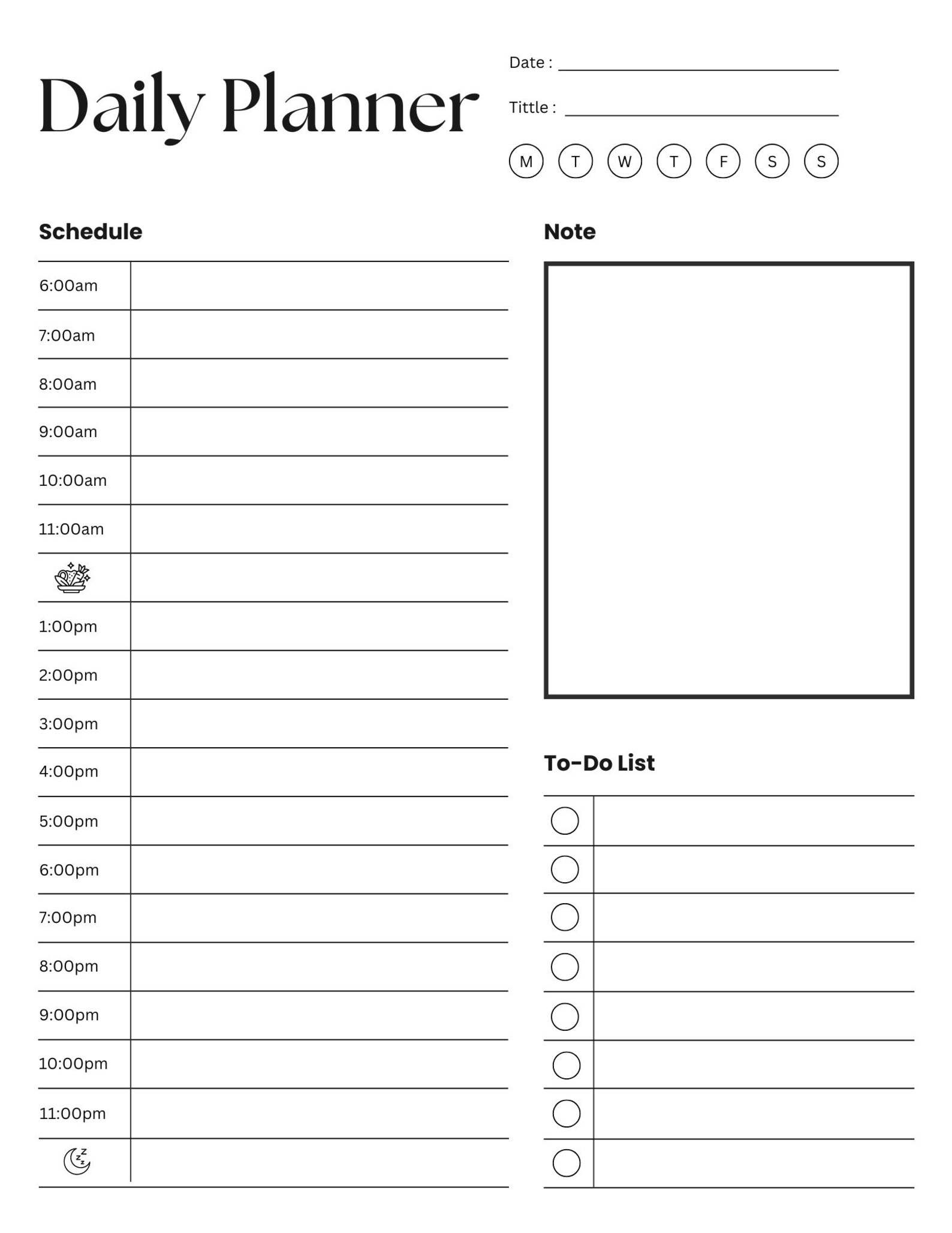 Black and White Downloadable Daily Planner, Simple PDF, Organize Your ...
