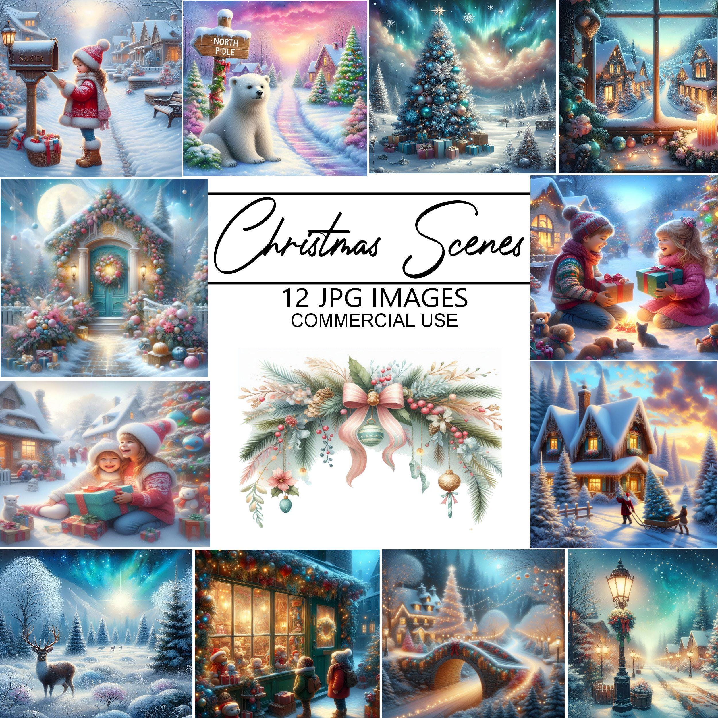 Christmas Scenes Watercolor Clipart, JPG, Graphics, Instant Download ...