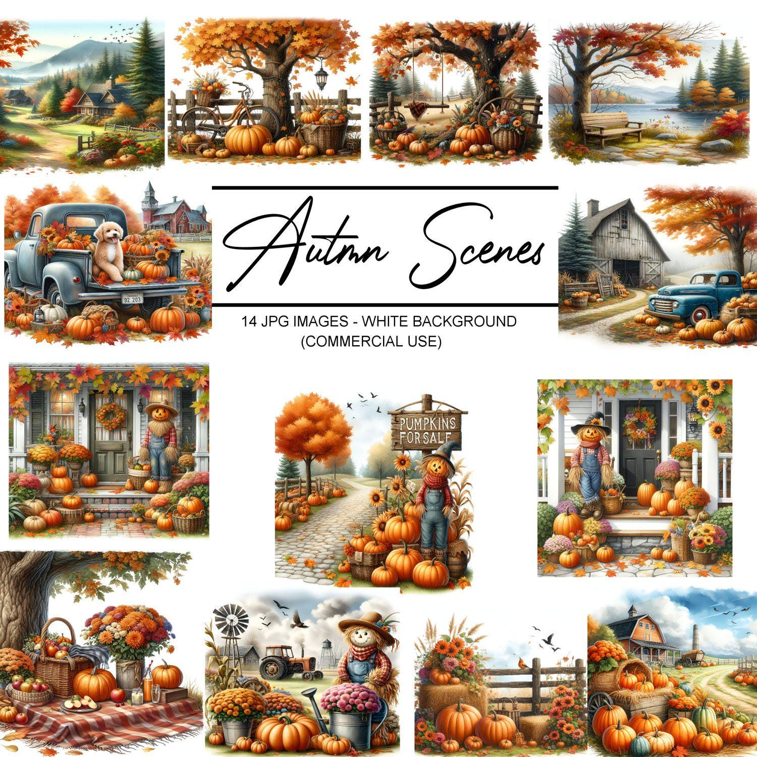 Watercolor Fall/autumn Scenes, 14 JPG Images, White Background ...