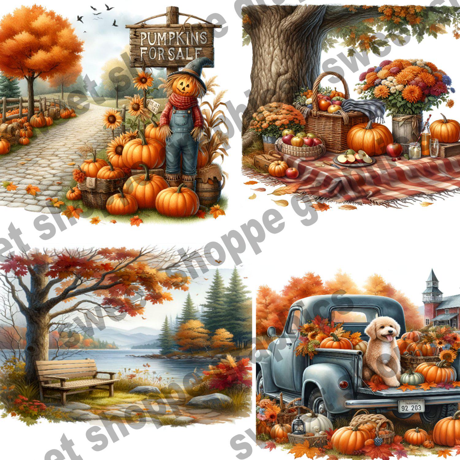 Watercolor Fall/autumn Scenes, 14 JPG Images, White Background ...