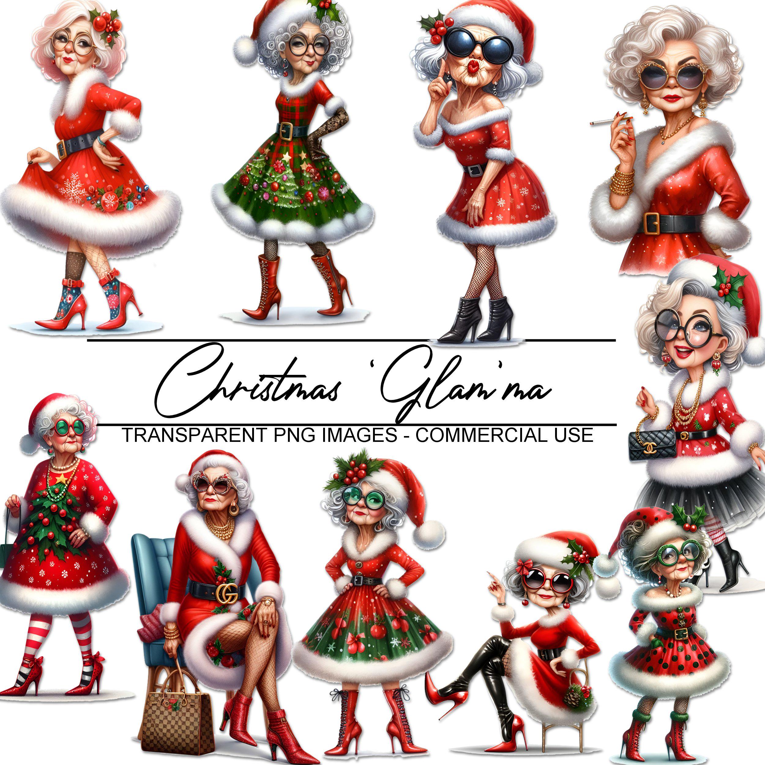Glam-ma Christmas Watercolor Clipart, Transparent Background, Graphics ...