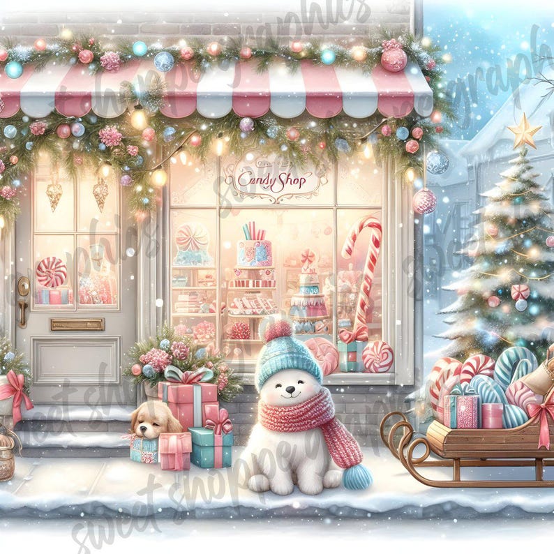 Christmas Candy Shops Watercolor Clipart, JPG, Graphics, Instant ...