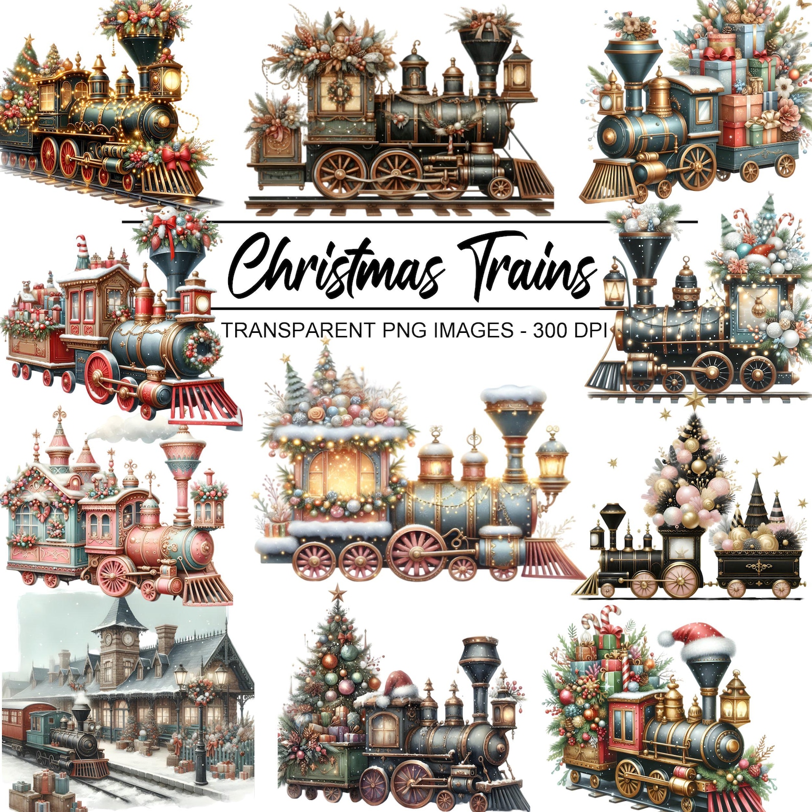 Watercolor Christmas Trains Clipart: Holiday PNG (digital Download) - Etsy