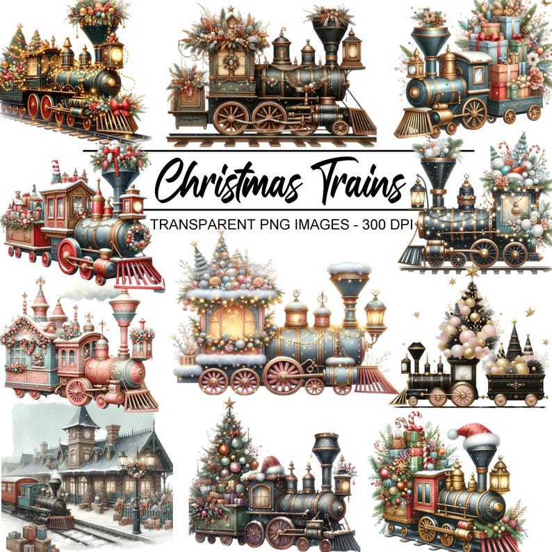 Watercolor Christmas Trains Clipart: Holiday PNG (digital Download) - Etsy