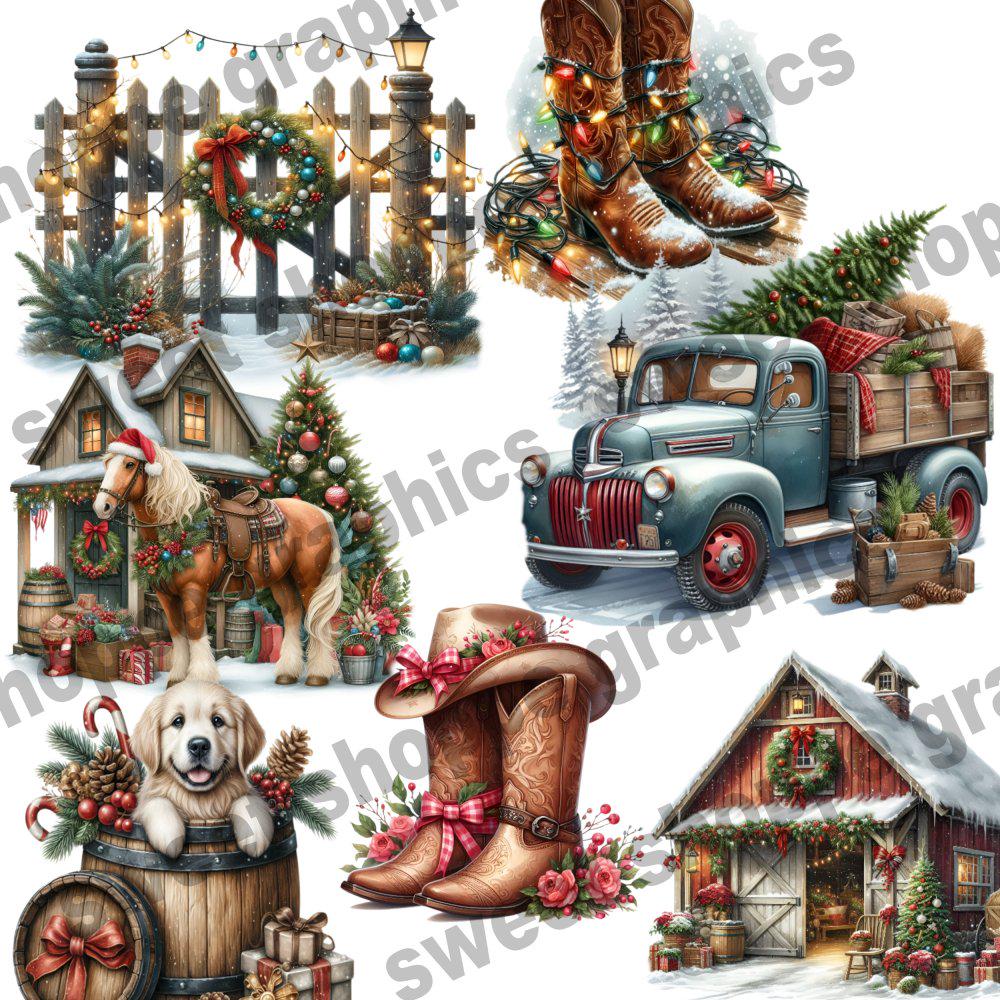 Country Christmas Watercolor Clipart, Transparent Background, Graphics ...