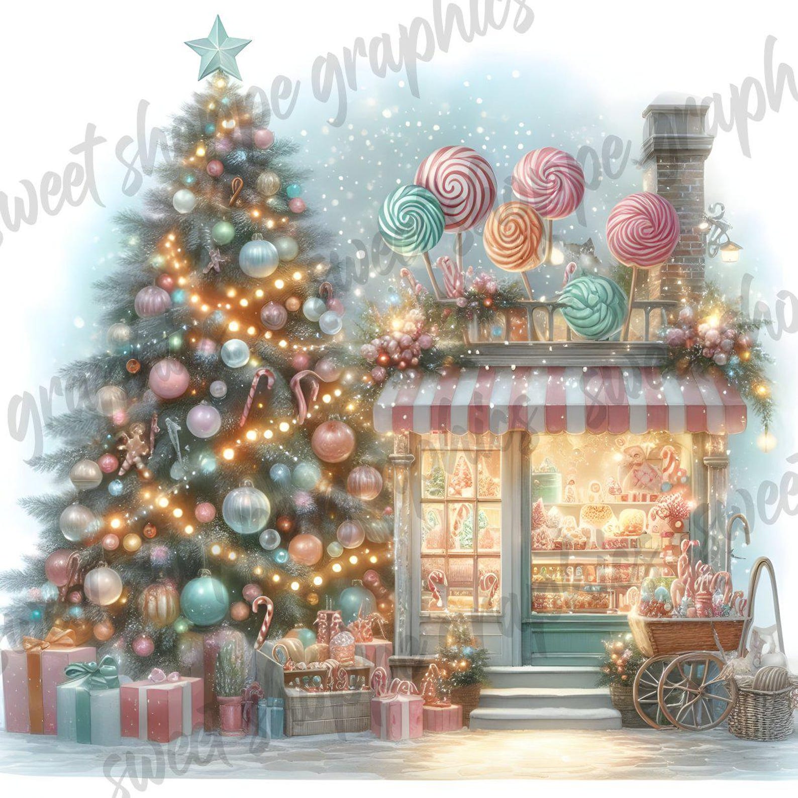Christmas Candy Shops Watercolor Clipart, JPG, Graphics, Instant ...