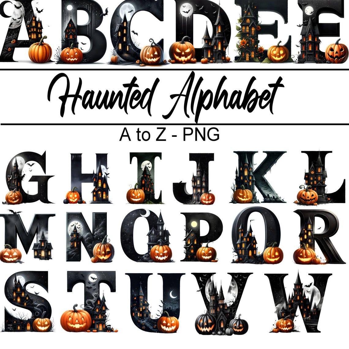 Haunted Alphabet Clipart, Haunted House Alphabet, Printable, Png ...