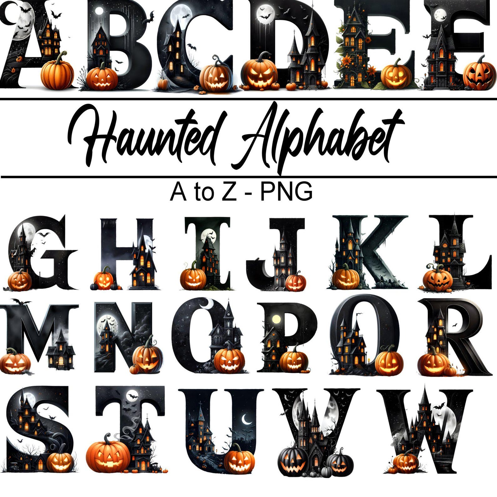 Haunted Alphabet Clipart, Haunted House Alphabet, Printable, Png ...