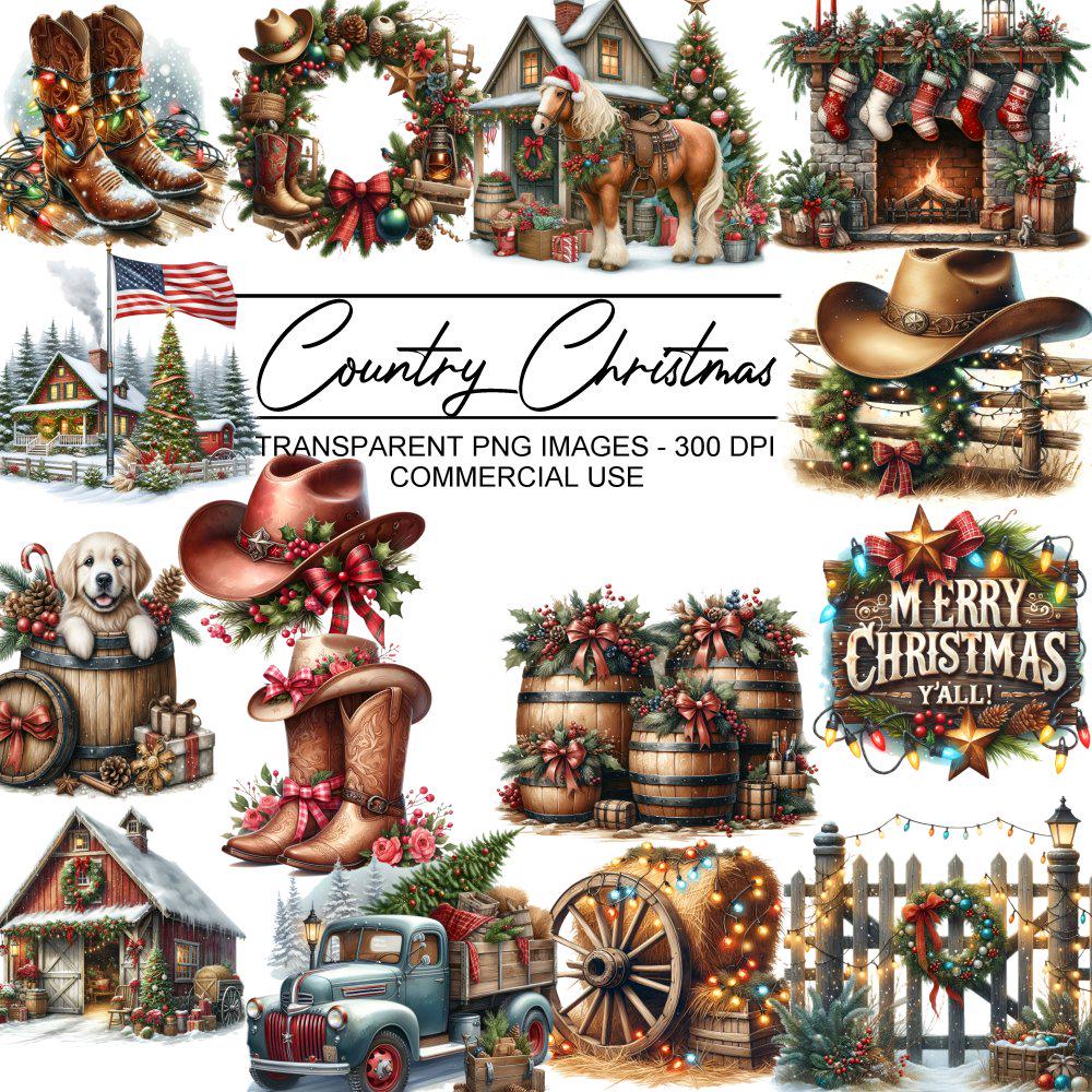 Country Christmas Watercolor Clipart, Transparent Background, Graphics ...