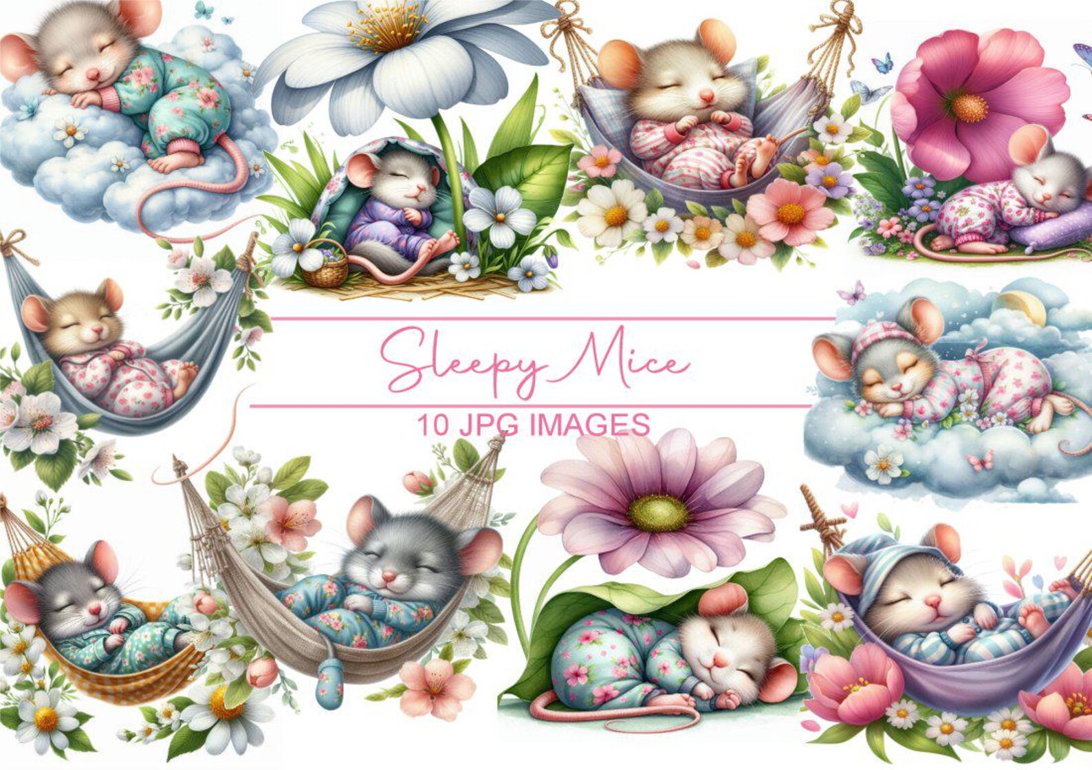 Sleeping Mice Watercolor Clipart: Adorable JPG Graphics (digital ...