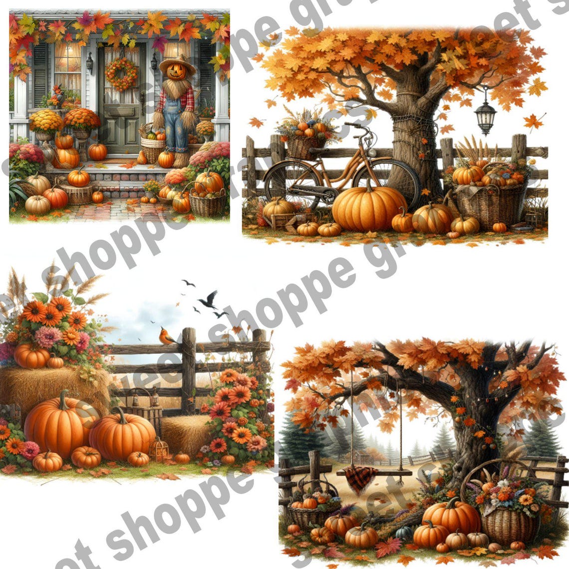 Watercolor Fall/autumn Scenes, 14 JPG Images, White Background ...