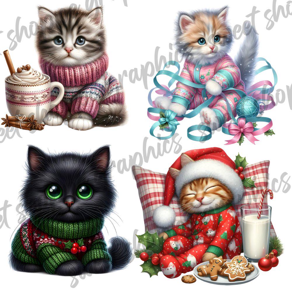 Christmas Cats Clipart: Watercolor Kittens, Holiday PNG (digital ...