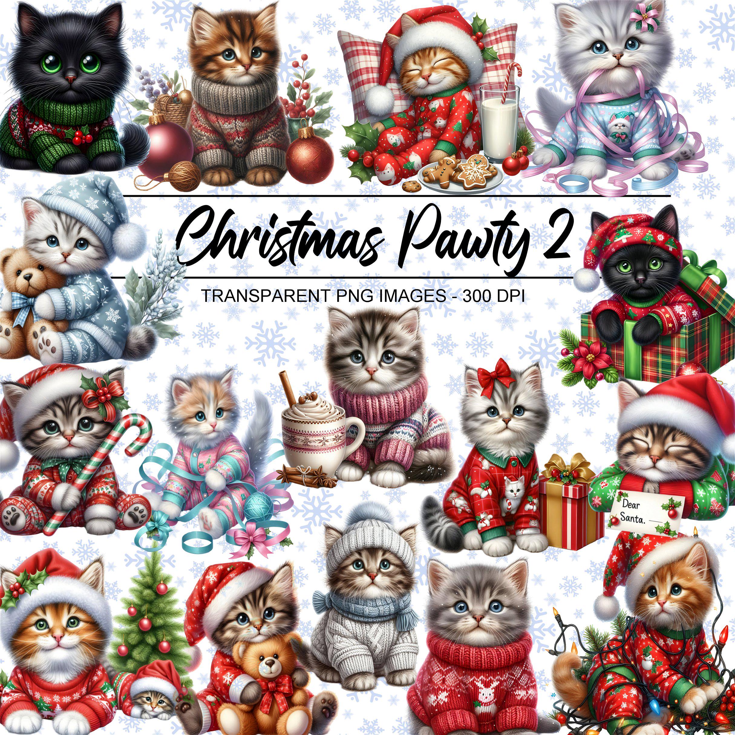 Christmas Cats Clipart: Watercolor Kittens, Holiday PNG (digital ...