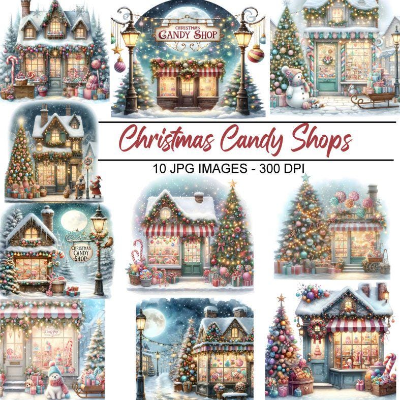 Christmas Candy Shops Watercolor Clipart, JPG, Graphics, Instant ...
