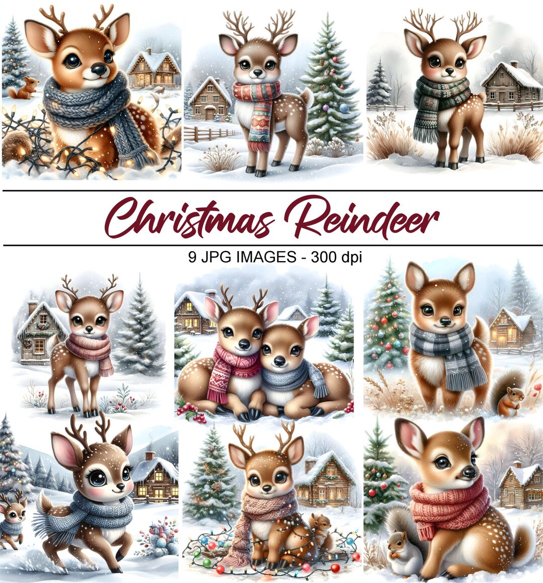 Christmas Reindeer Watercolor Clipart, JPG, Graphics, Instant Download ...