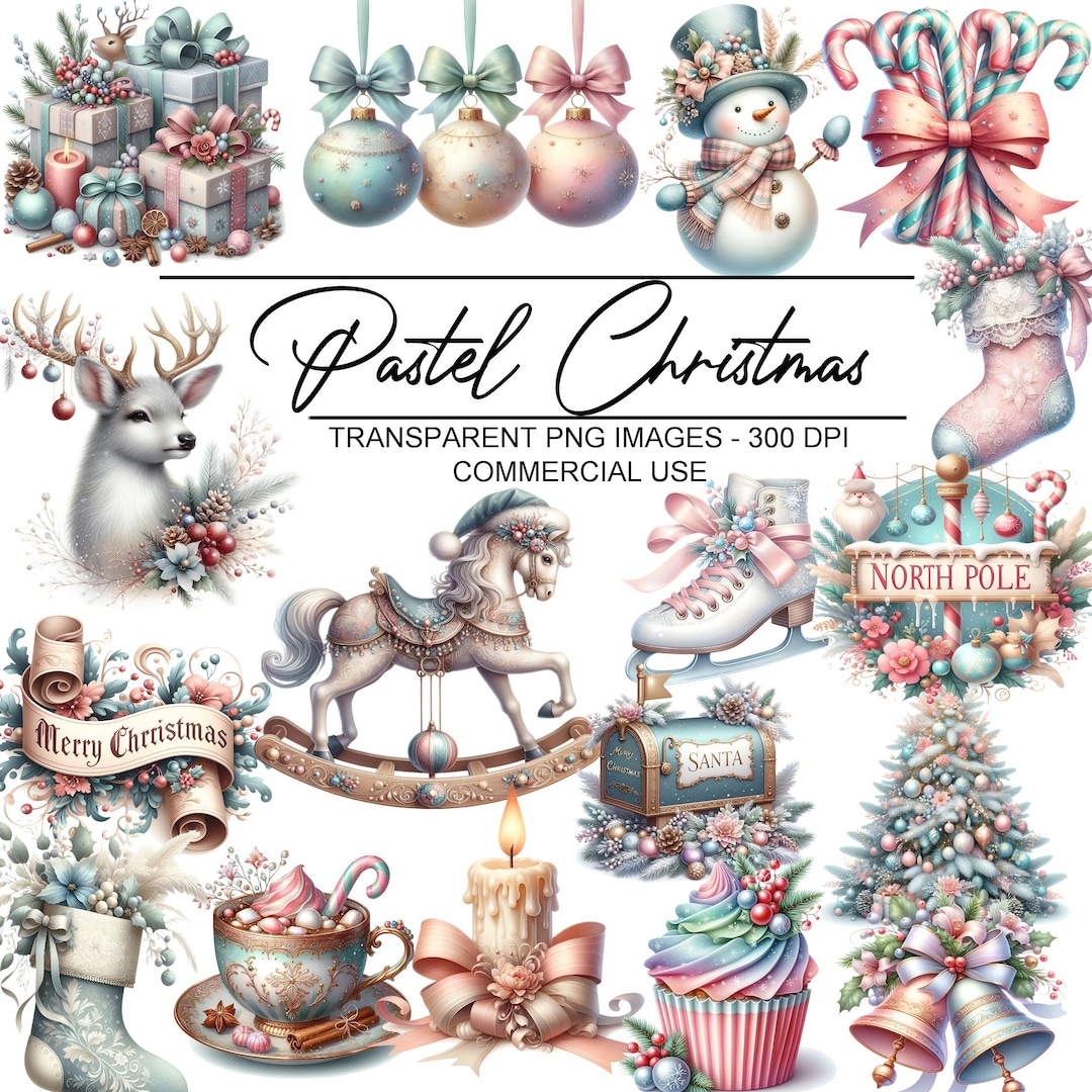 Pastel Christmas Watercolor Clipart, Transparent Background, Graphics ...