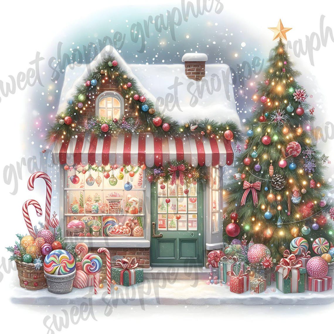 Christmas Candy Shops Watercolor Clipart, JPG, Graphics, Instant ...