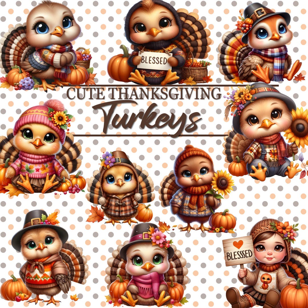Cute Thanksgiving Turkeys, Watercolor Clipart, Printable, Png, Turkey ...