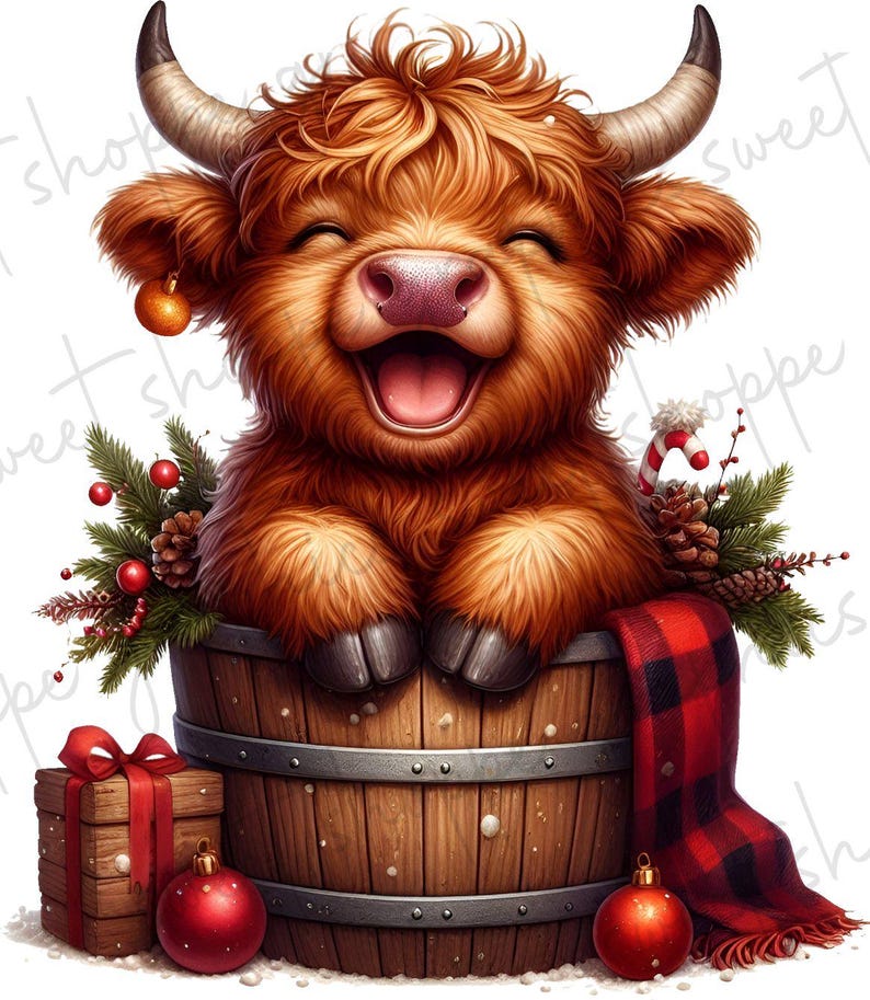 Highland Cow Christmas Clipart: Watercolor PNG Images (digital Download ...