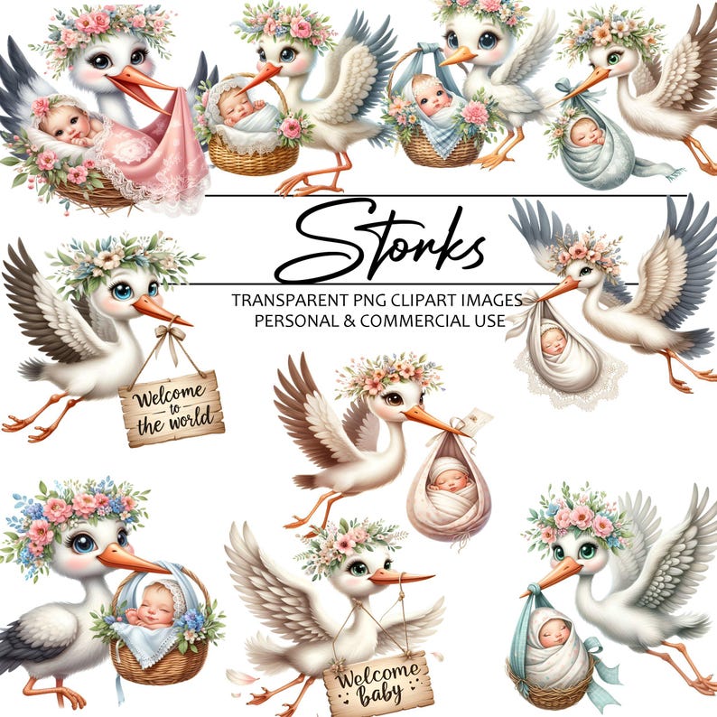 Beautiful Stork Watercolor Clipart, Transparent Background, Graphics ...