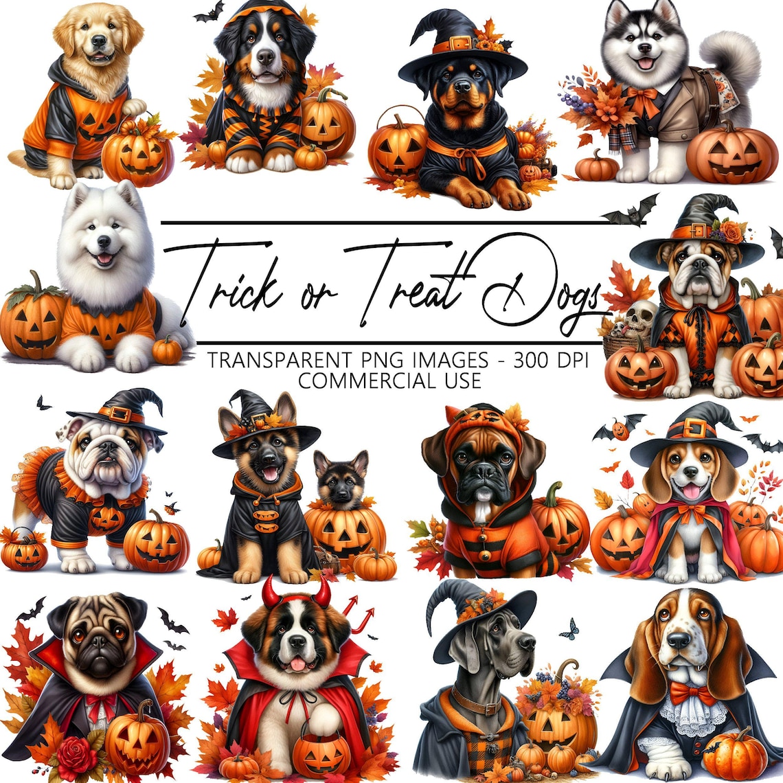 Trick or Treat Dogs, Watercolor Clipart, Halloween, Commercial Use ...