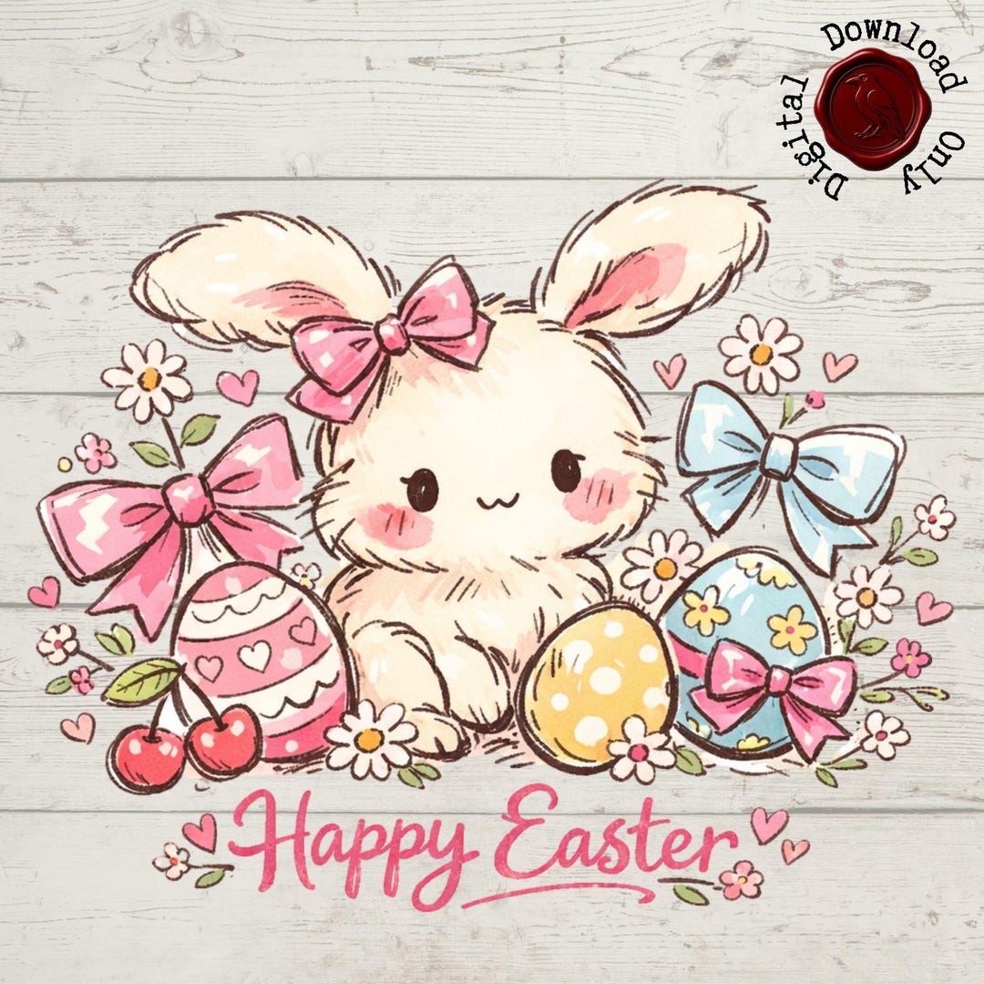 Happy Easter Bunny PNG | Pastel Eggs, Bows, Flowers Sublimation Design ...