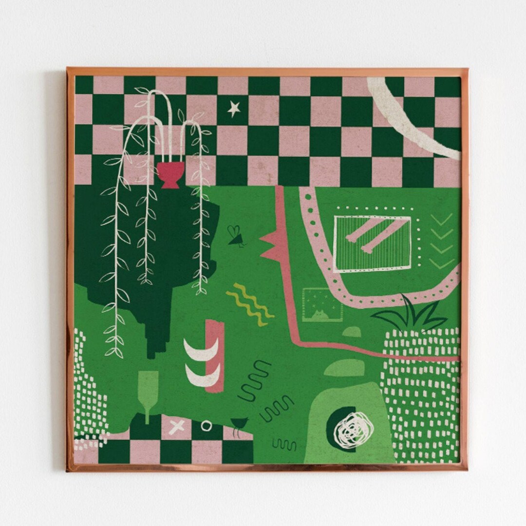 Green and Pink Abstract Art With Cats, Patterns, Shapes | Colourful ...