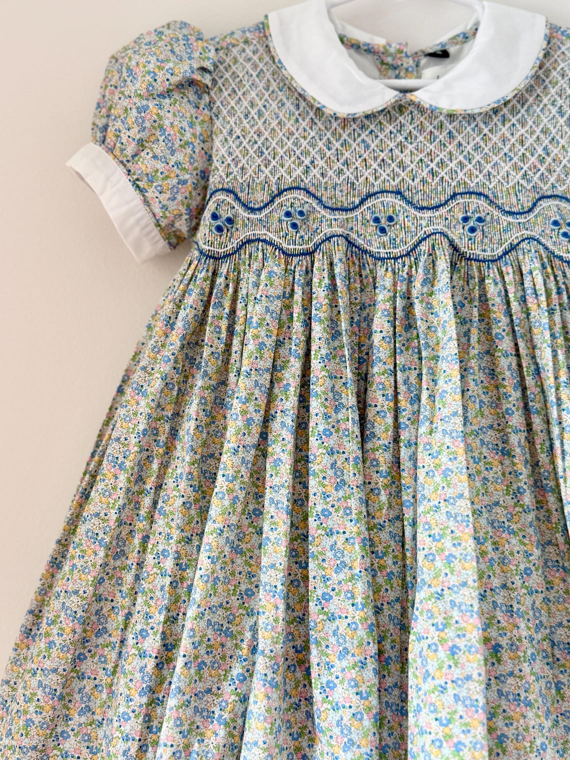 Baby Toddler Girls Blue Floral Smocked Dress With Peter Pan Collar ...