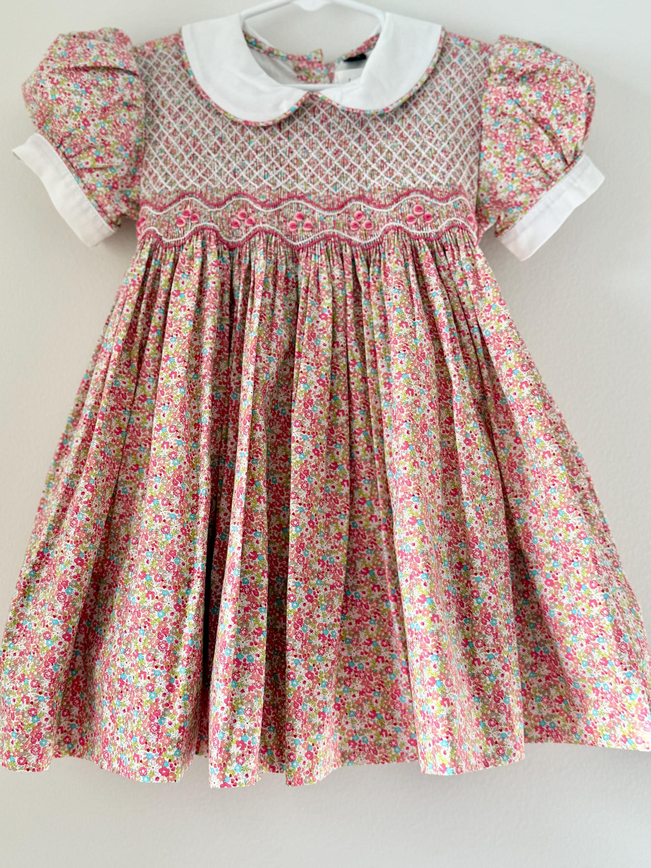 Baby Toddler Girls Pink Floral Smocked Dress With Peter Pan Collar ...