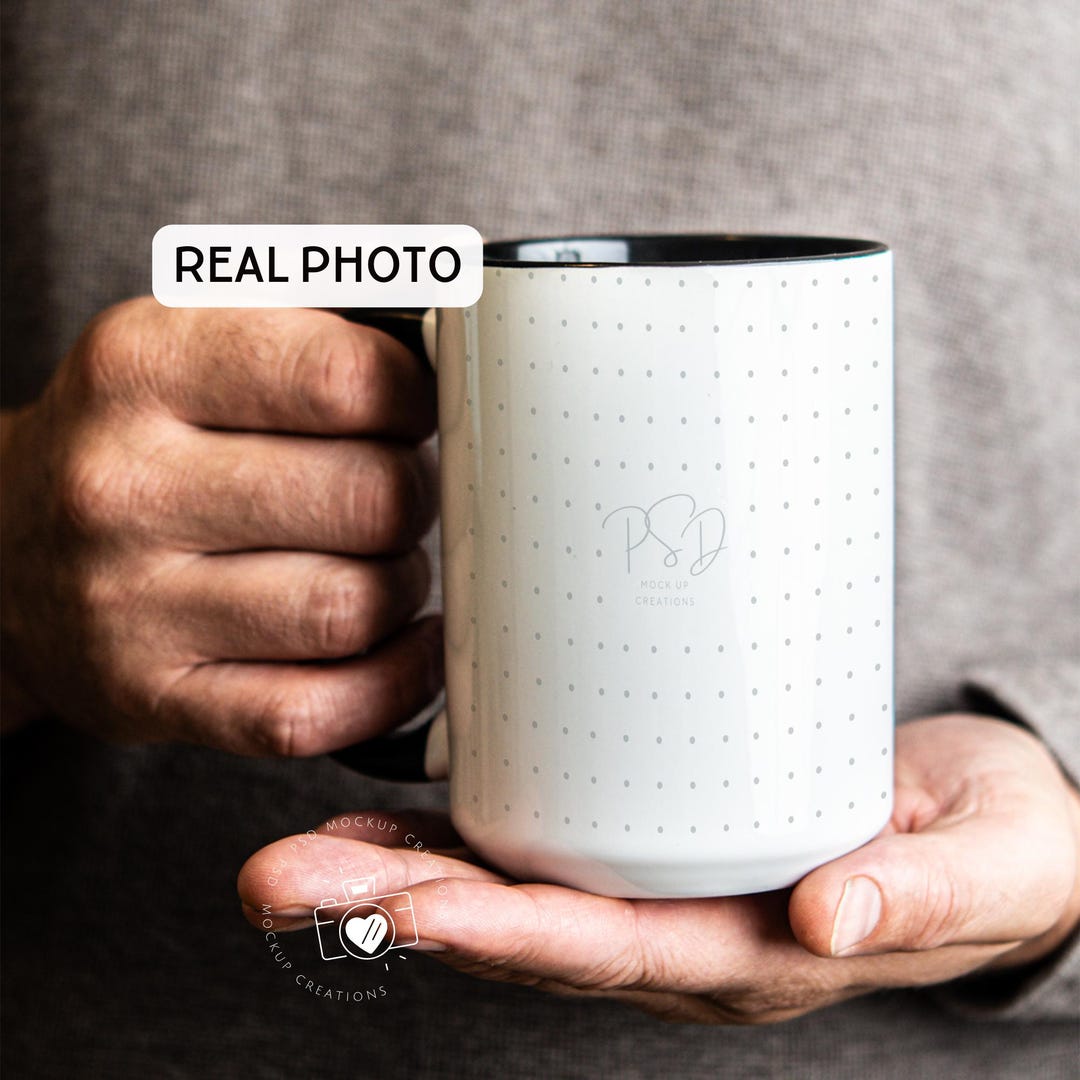 Black Accent 15oz Mug Mockup Male Model Male Hands Holding Mug Mockup ...