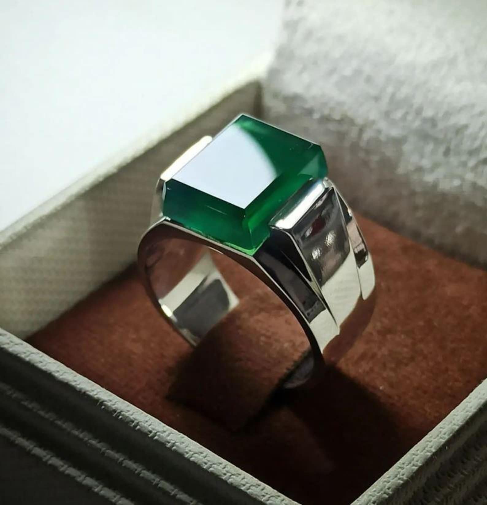 Natural Square Shape Green Agate 925 Sterling Silver Handmade Men Ring ...