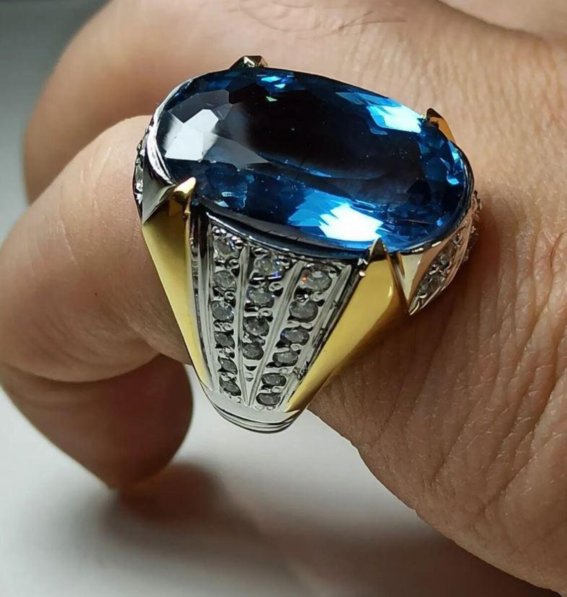 25 Carat Big Blue Topaz 925 Sterling Silver Handmade Ring, Oval Shape ...