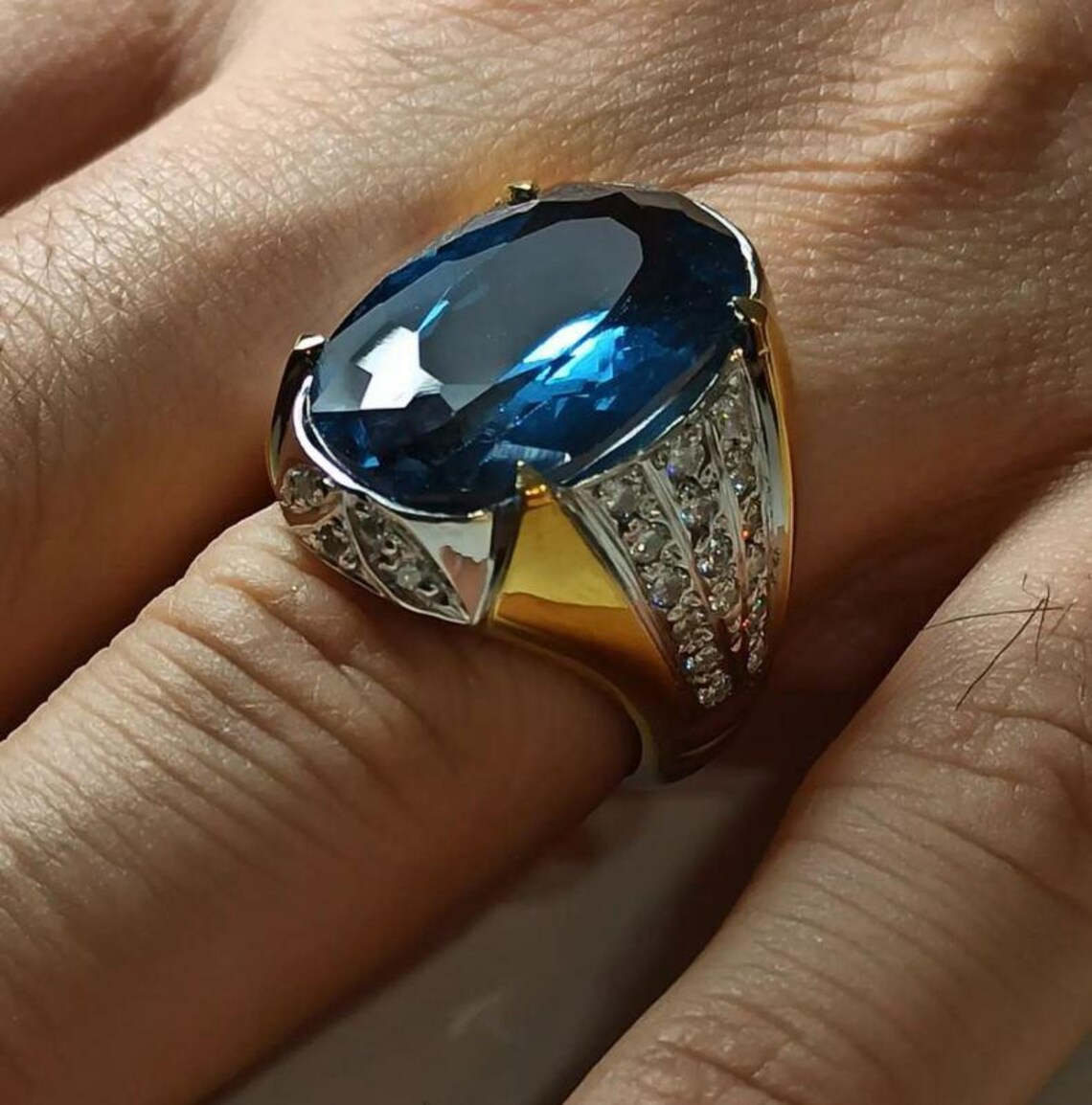 25 Carat Big Blue Topaz 925 Sterling Silver Handmade Ring, Oval Shape ...