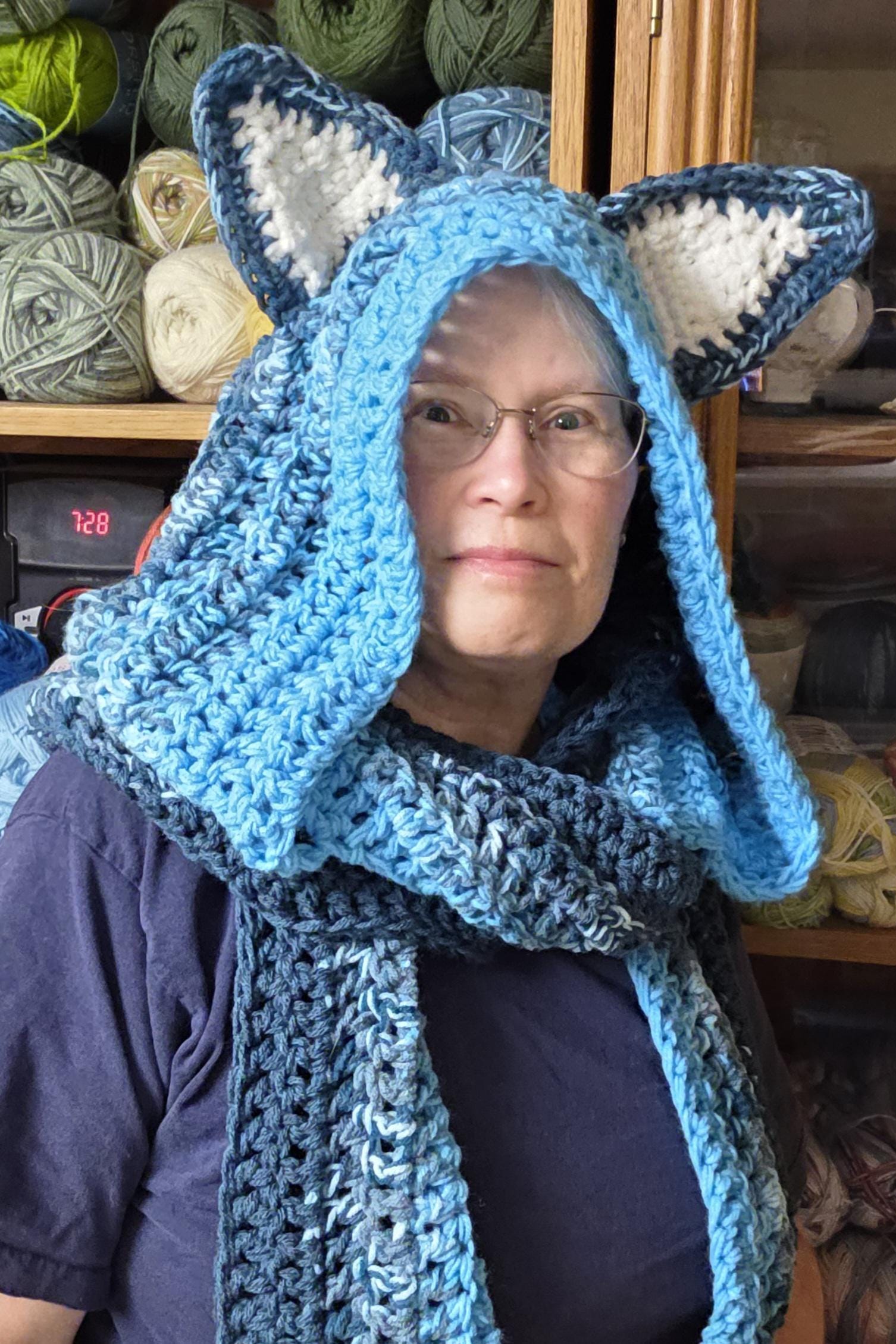 Handmade Teal Crochet Hooded Animal Ear Scarf: Oversized Striped Winter ...