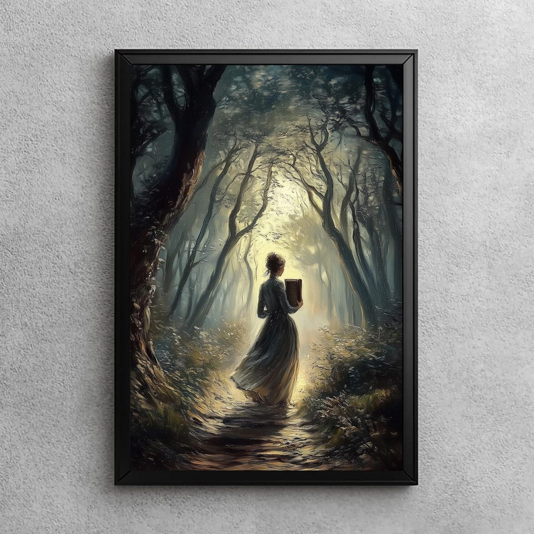 Enchanted Reader | Dark Academia Decor, Vintage Forest Lady With Ancient Book, Mystical Oil ...