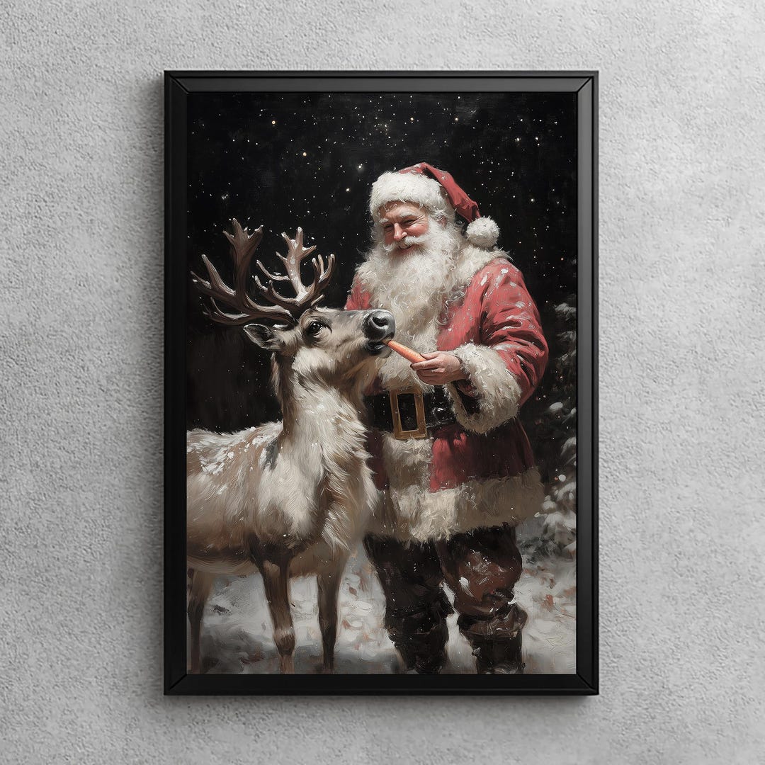 Santa Feeding His Reindeer | Vintage Christmas Wall Art, Rustic Santa ...