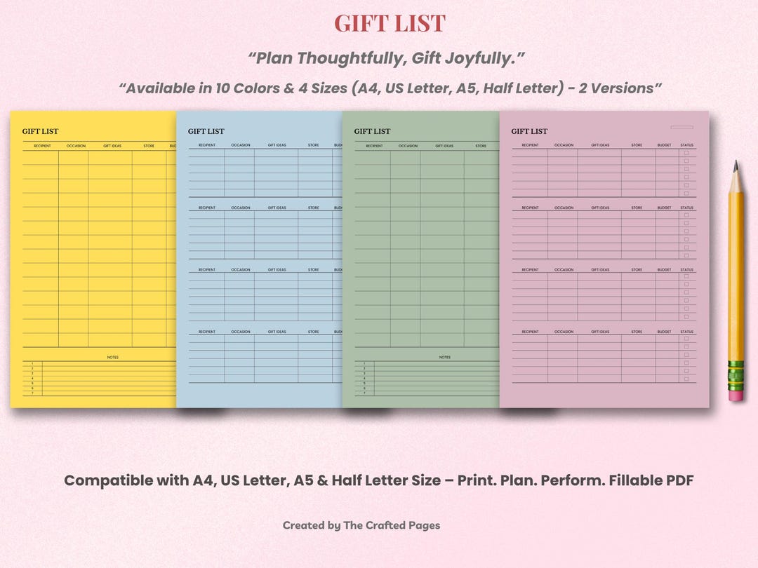 Gift List Planner – 2 Versions – 10 Colors – A4, US Letter, A5, Half ...