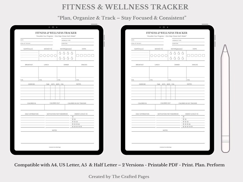 Fitness & Wellness Tracker – Printable Daily Planner (PDF)- 4 Sizes- 2 ...