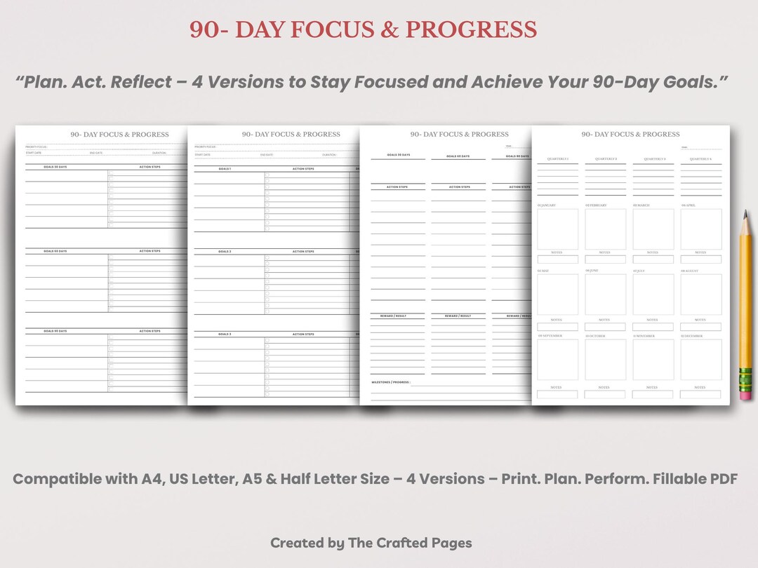 90-day Goal Planner – Focus & Progress, 4 Versions (fillable PDF) - Etsy