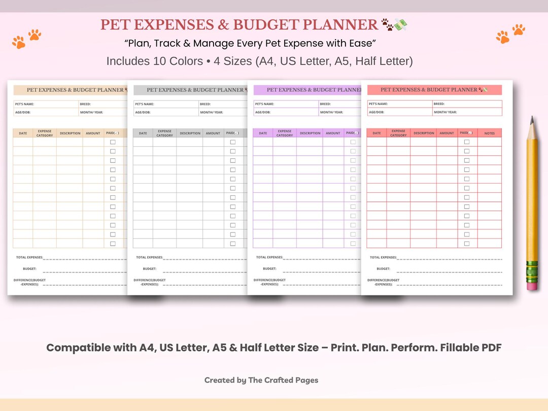Pet Expenses Budget Planner: Printable Fillable PDF, 4 Sizes - Etsy