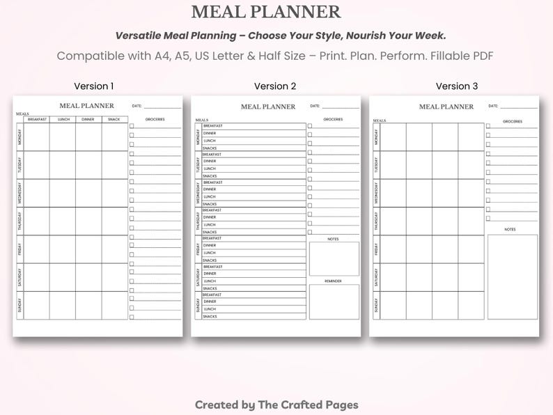Weekly Meal Planner: 3 Layouts With Grocery List (A4, A5, US Letter ...