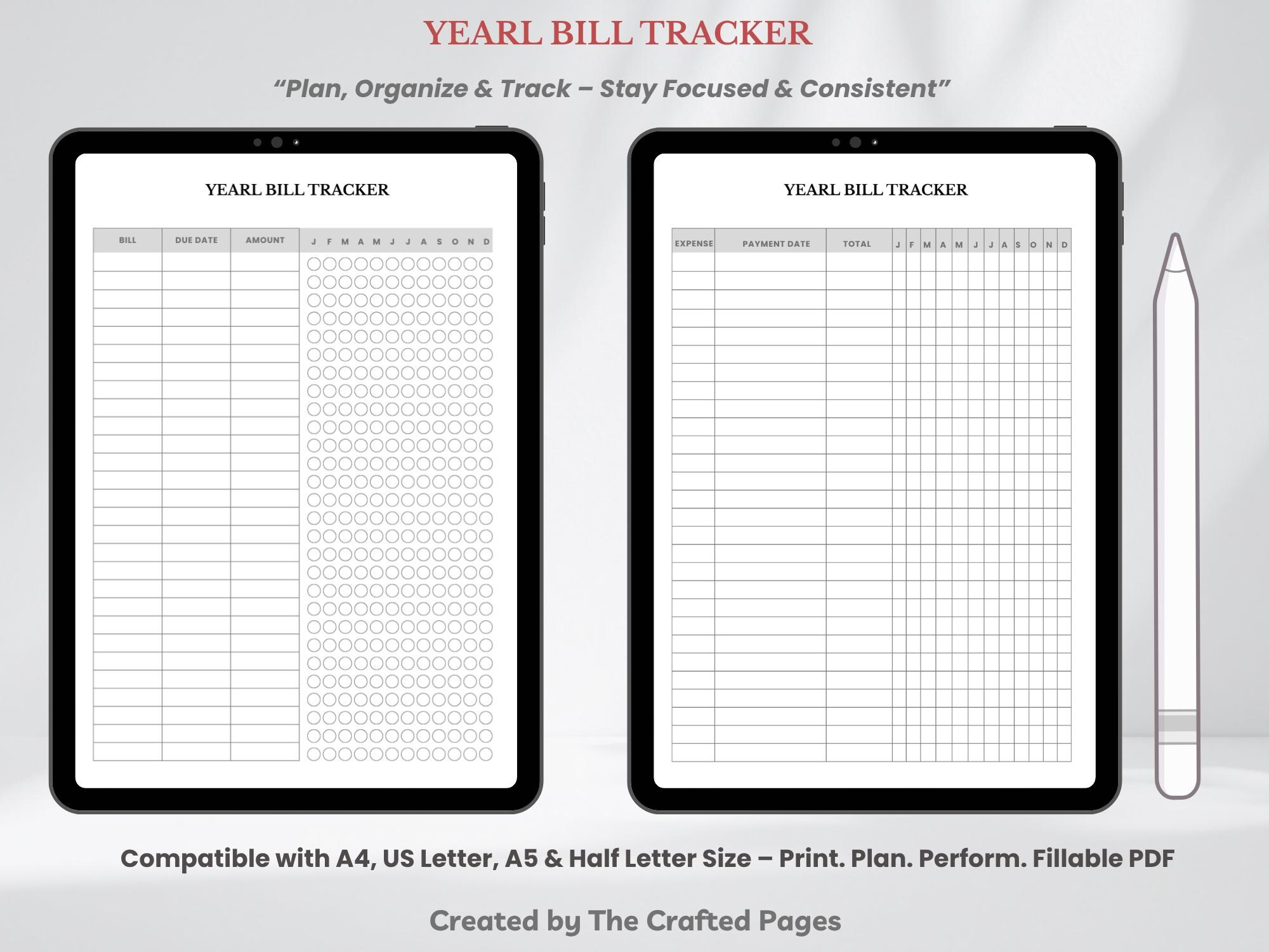 Yearly Bill Tracker: Printable Finance Planner-4 Sizes (A4, US Letter ...